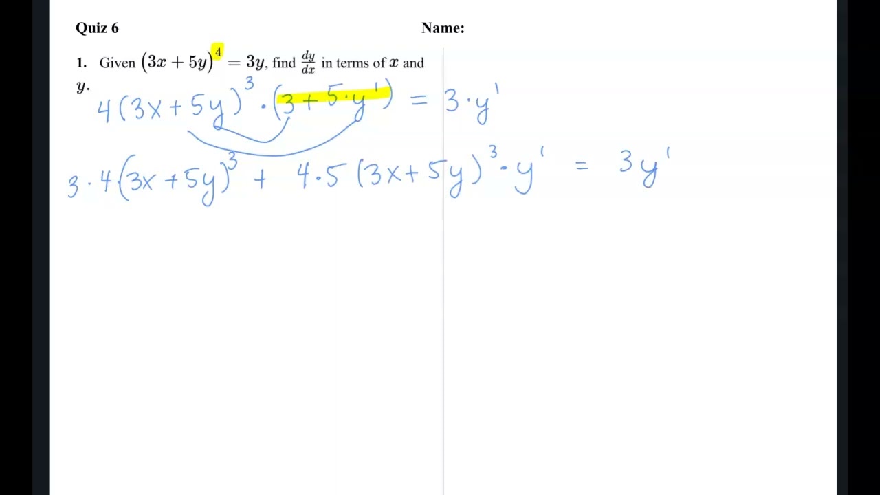 Implicit Differentiation Example Quiz 6