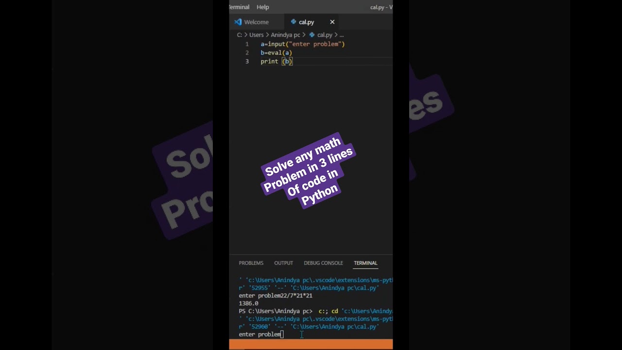solve any math problem in 3 lines of code in python #shorts #python #programming #computer #solve