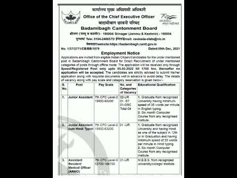 Various Vacancies in Badamibagh Cantonment Board, Jammu and Kashmir...