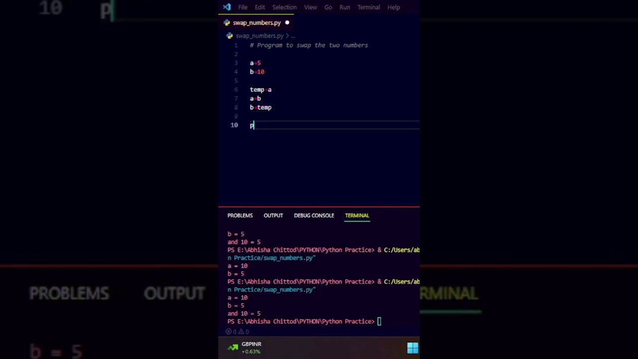 Swap the two numbers in python | python tutorial #shorts #ytshorts #python #programming #coding