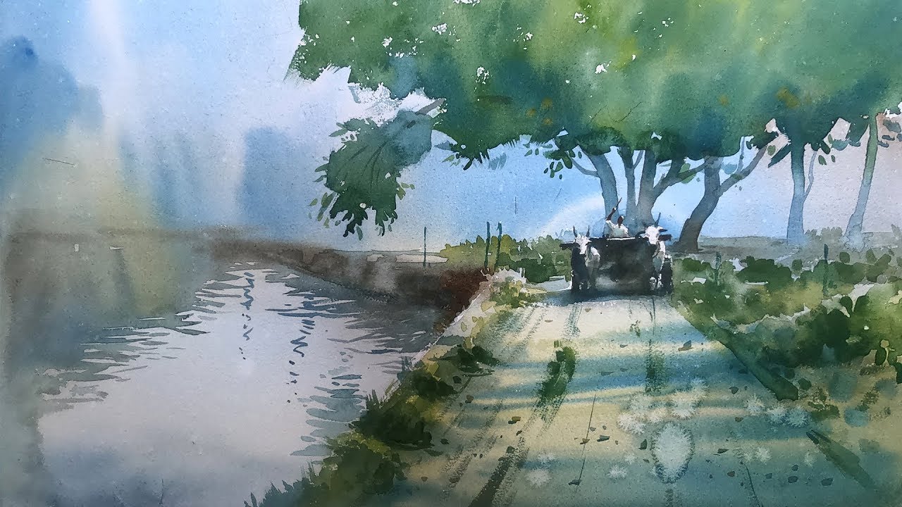 Watercolor Landscape Painting | Bullock Cart | Pond | Trees | Prashant Sarkar.