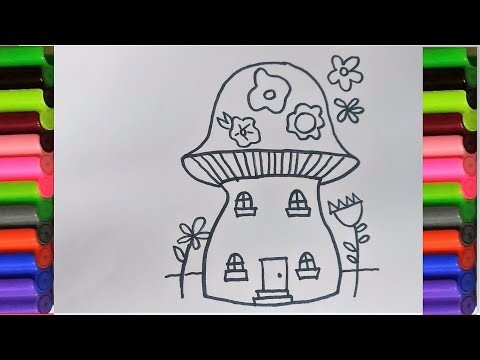 How to draw A Fairy House Mushroom Drawing | Cute Fairy House cartoon Colouring Pages