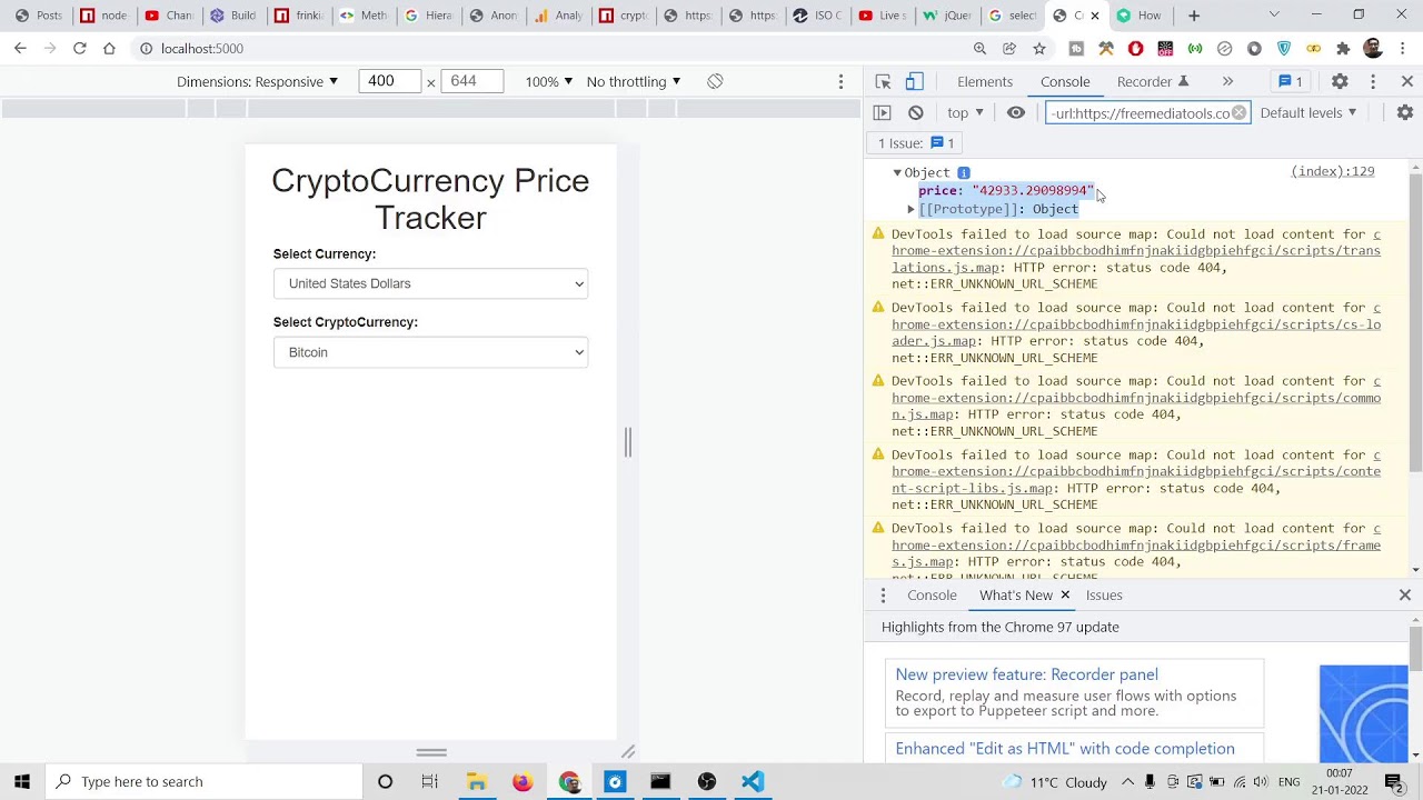 Node.js Express Project to Build Crypto Currency (BTC,ETH) Price Tracker in Browser Using JS