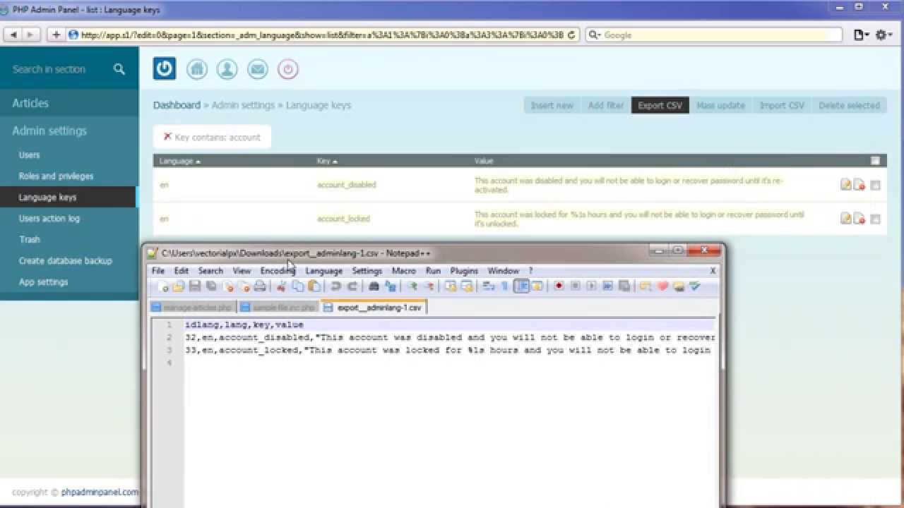 PHP Admin Panel - export csv