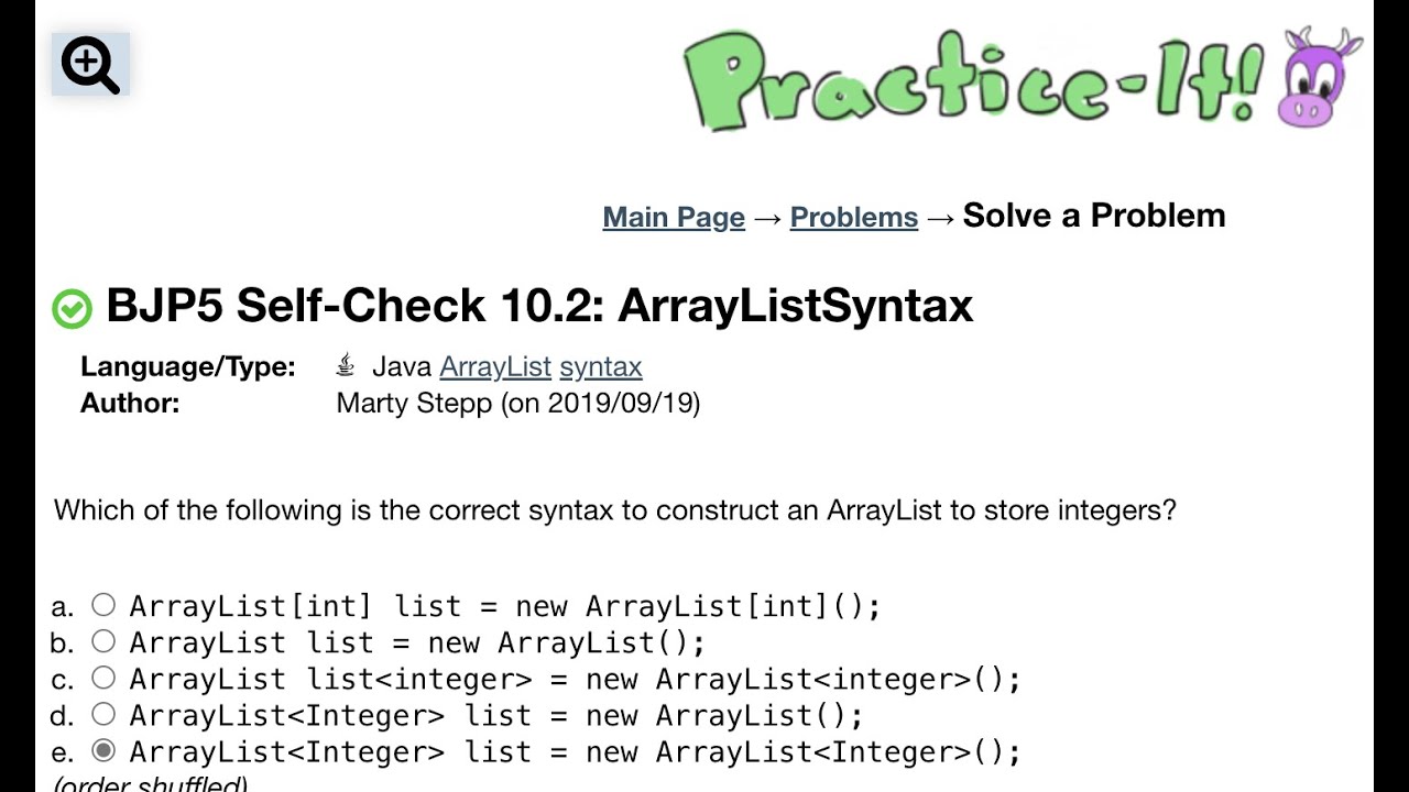 Java Practice It | Self-Check 10.2: ArrayListSyntax | array list, syntax, arraylist