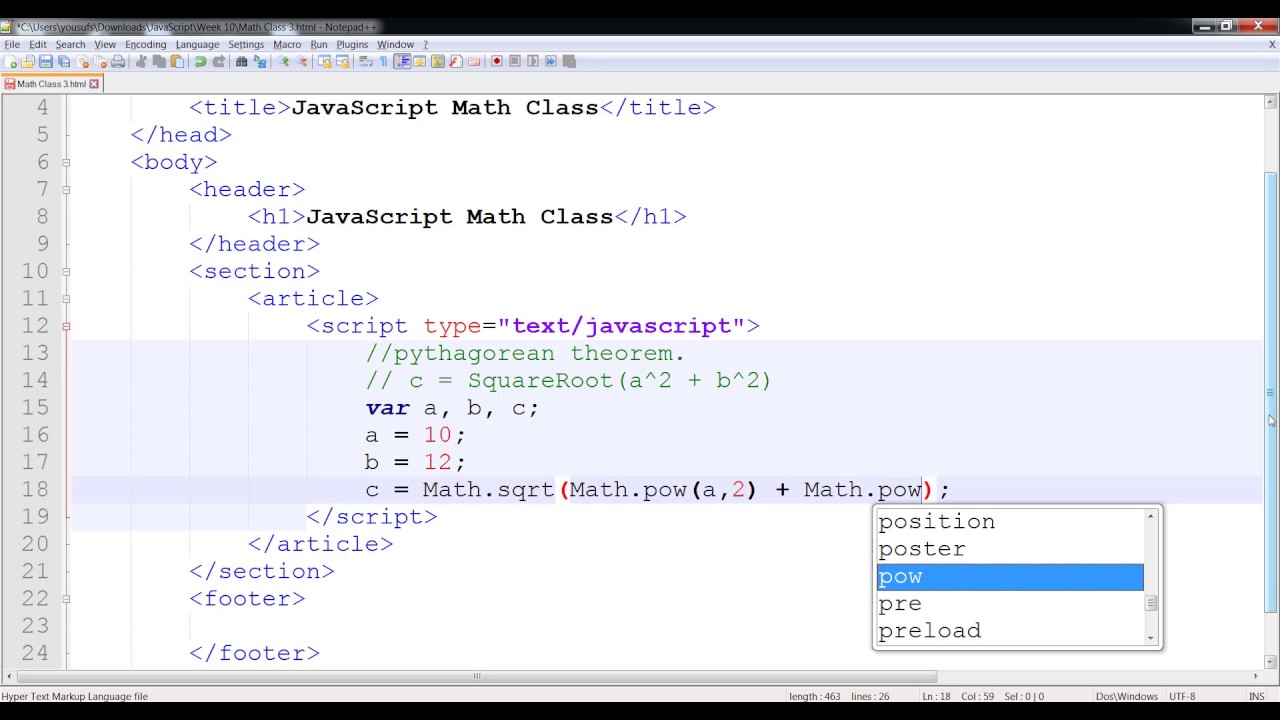 JavaScript - Math class - Pythagorean Theorem