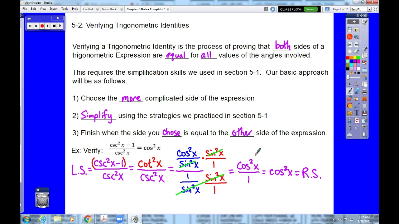 Chapter 5 Section 2 Verifying Trig Identities 1 of 2