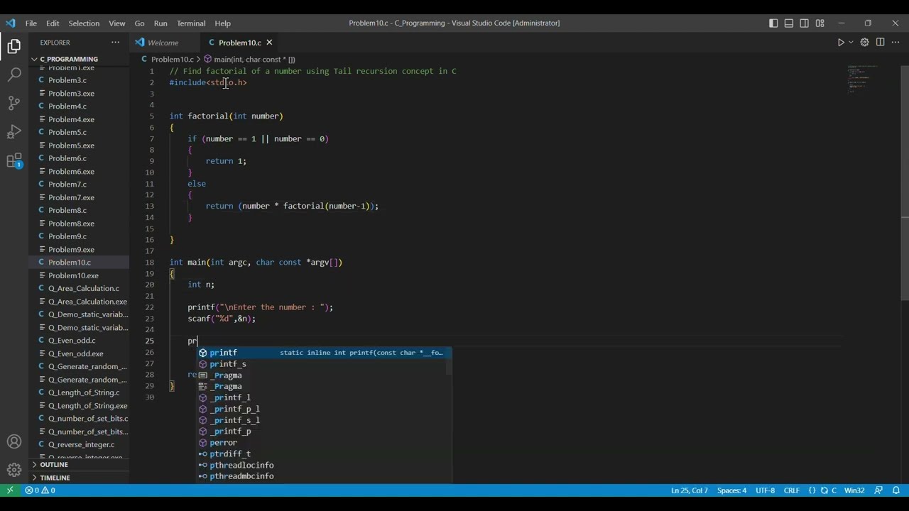 Factorial of number using tail recursion in C programming | VS Code | #cprogramming