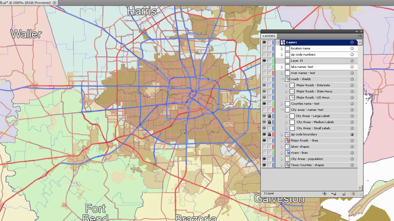 Texas ZIP CODES Roads Vector Map with 7 layers