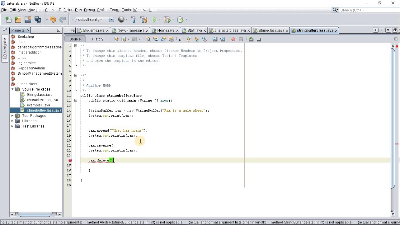 Java programming tutorial with Official Hord - String Buffer Class (Reverse and Delete)