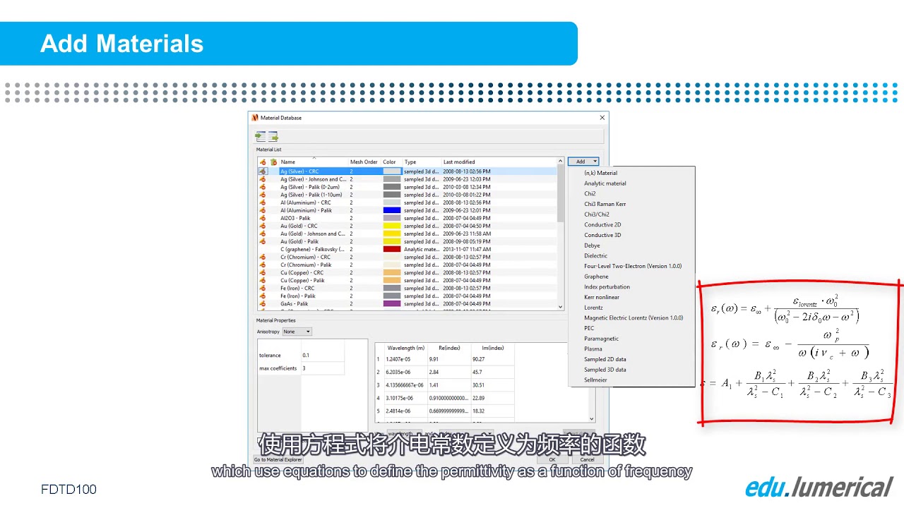 3.2 FDTD100 Material Database Built in Materials