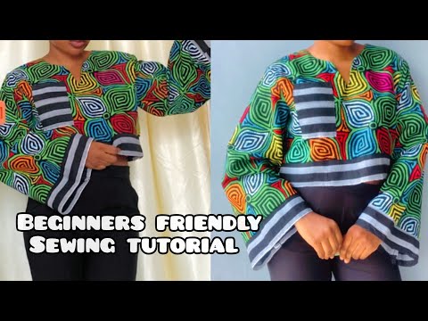 How to cut and sew a Ankara Crop top with bell sleeve and Aso oke design and a Pocket
