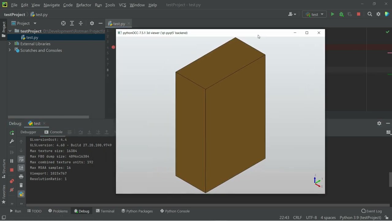 PythonOCC configuration in PyCharm IDE