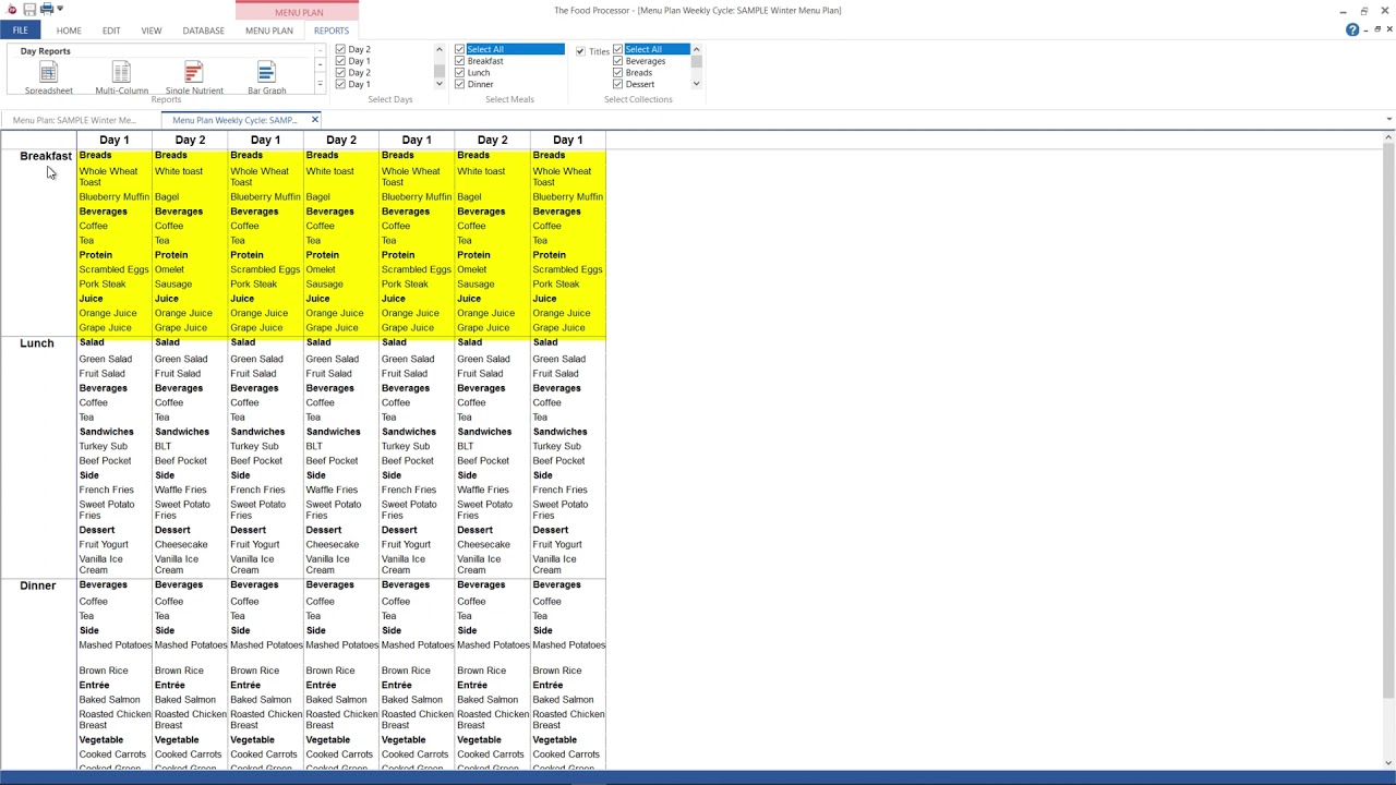 Food Processor Menu Plan 5: Weekly and Calendar Cycle Menu Reports