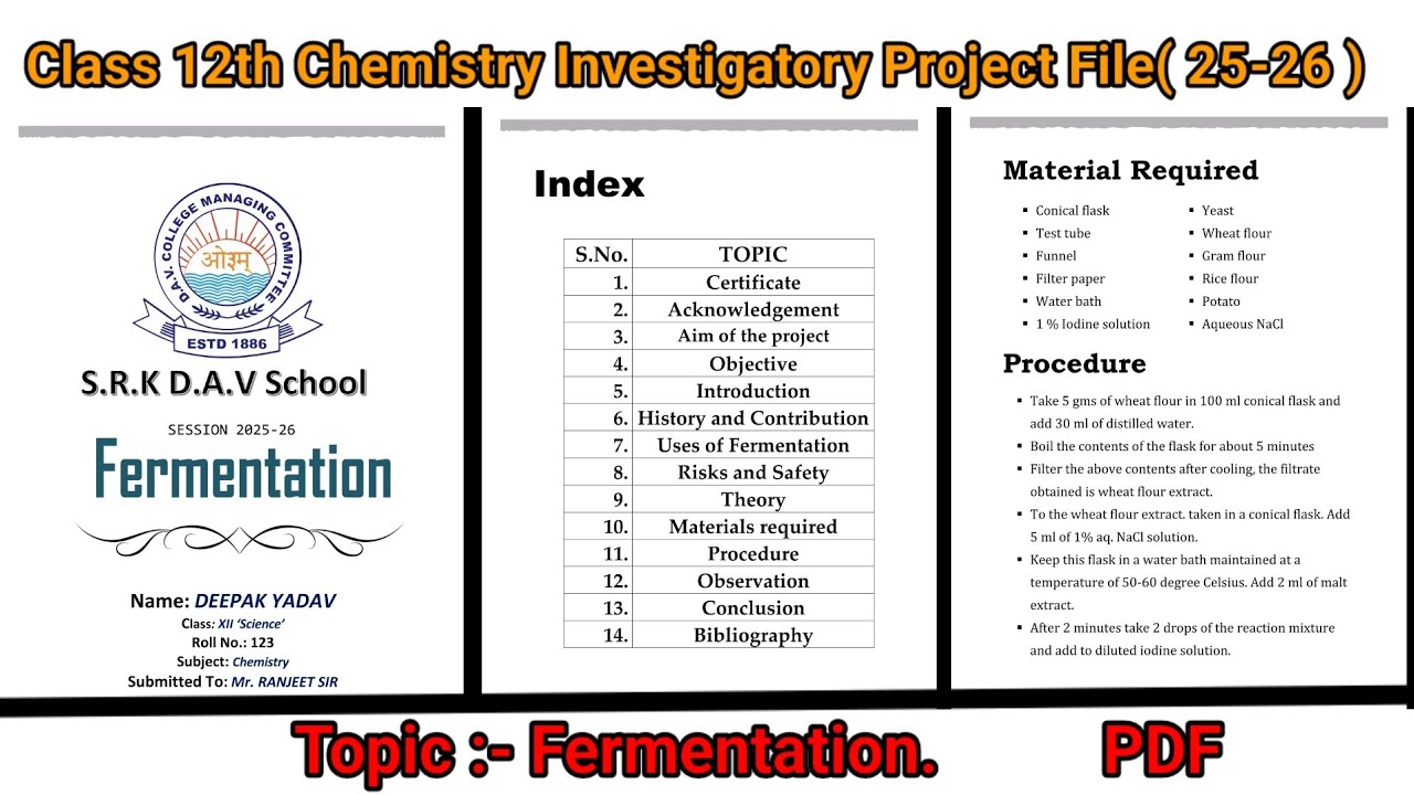 Class 12 Chemistry Investigatory Project 2025–26 | Fermentation | With PDF #Fermentation