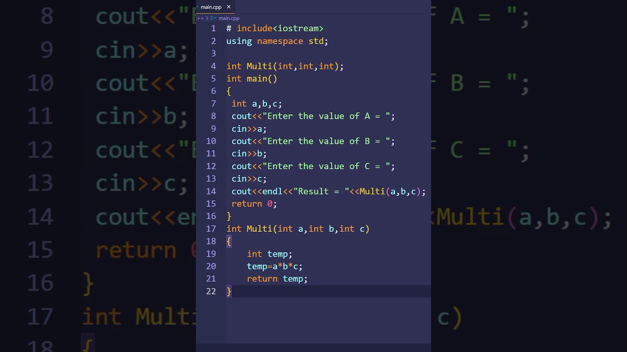 write a c++ program to multiply three numbers using function | PWOS #shorts