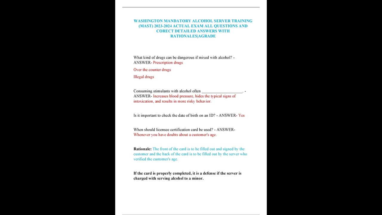 WASHINGTON MANDATORY ALCOHOL SERVER TRAINING MAST ACTUAL EXAM ALL QUESTIONS AND CORECT DETAILED ANSW