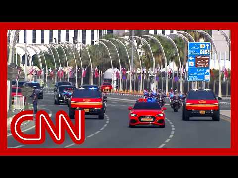 Trump welcomed to Qatar with red Cybertrucks and mounted camels