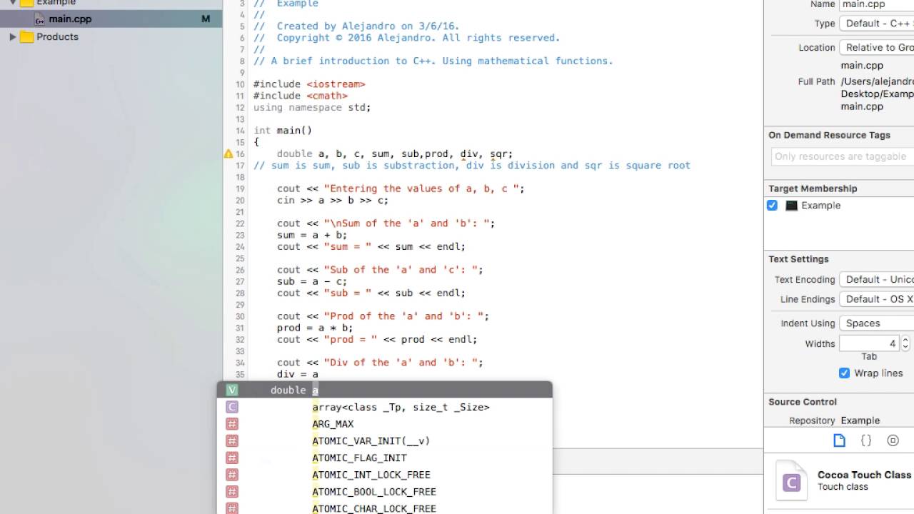 Xcode programming in C ++ Mac OS X , basic mathematical functions