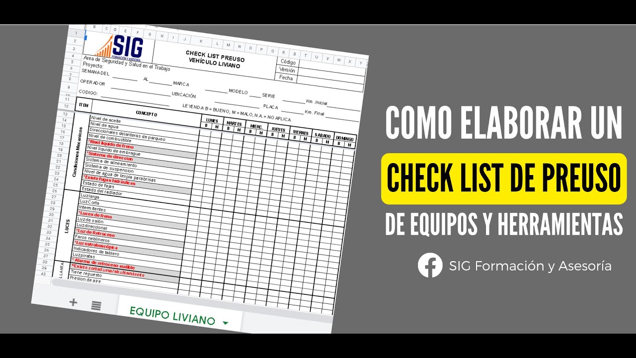 H13: ¿Cómo hacer el CHECK LIST de preuso de VEHÍCULOS, EQUIPOS, HERRAMIENTAS? // En excel