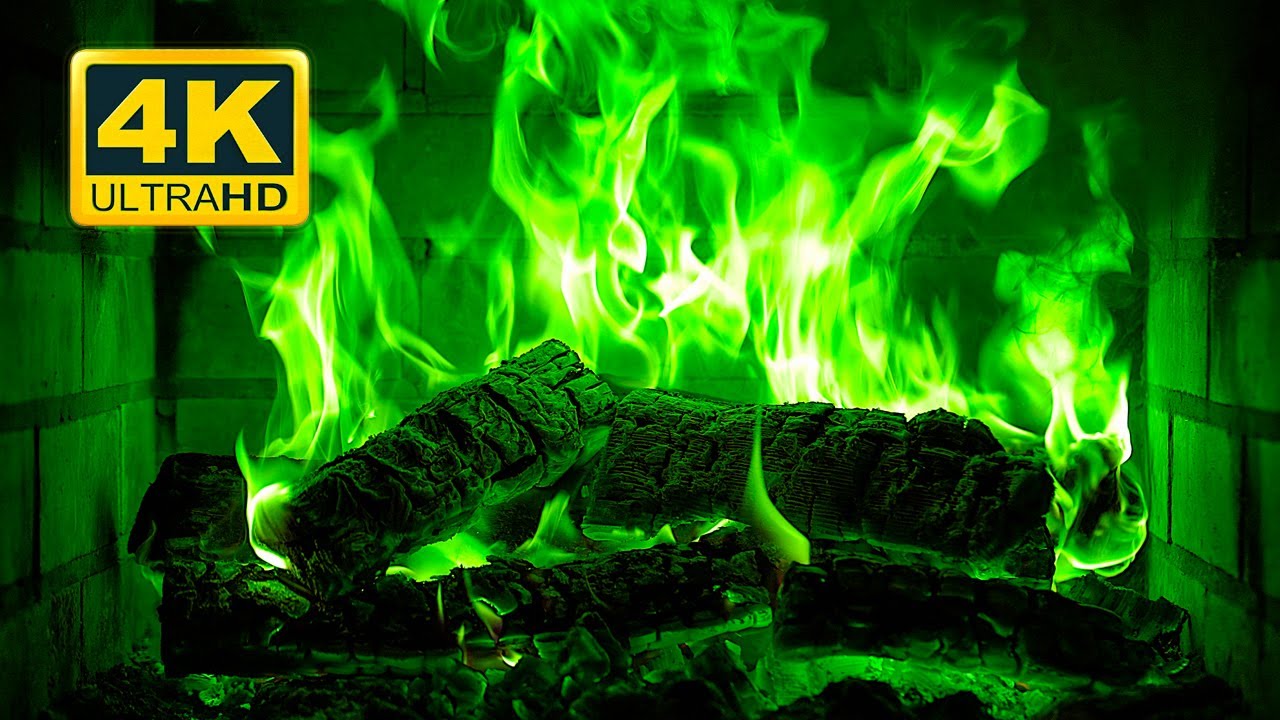 🔥🎃 Halloween Fireplace 4K (12 HOURS). Green Fireplace with Crackling Fire Sounds. Hypnotic Fire