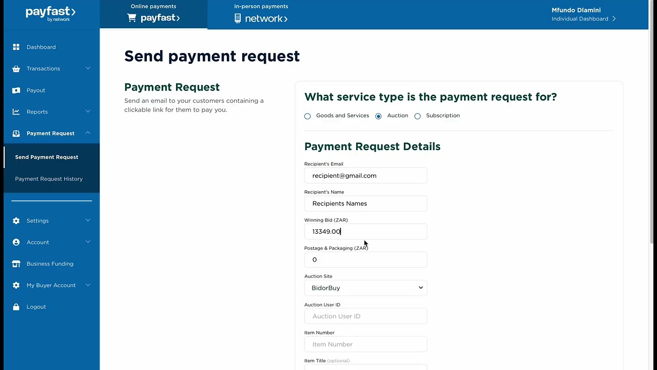 How to send a Payment Request with Payfast by Network