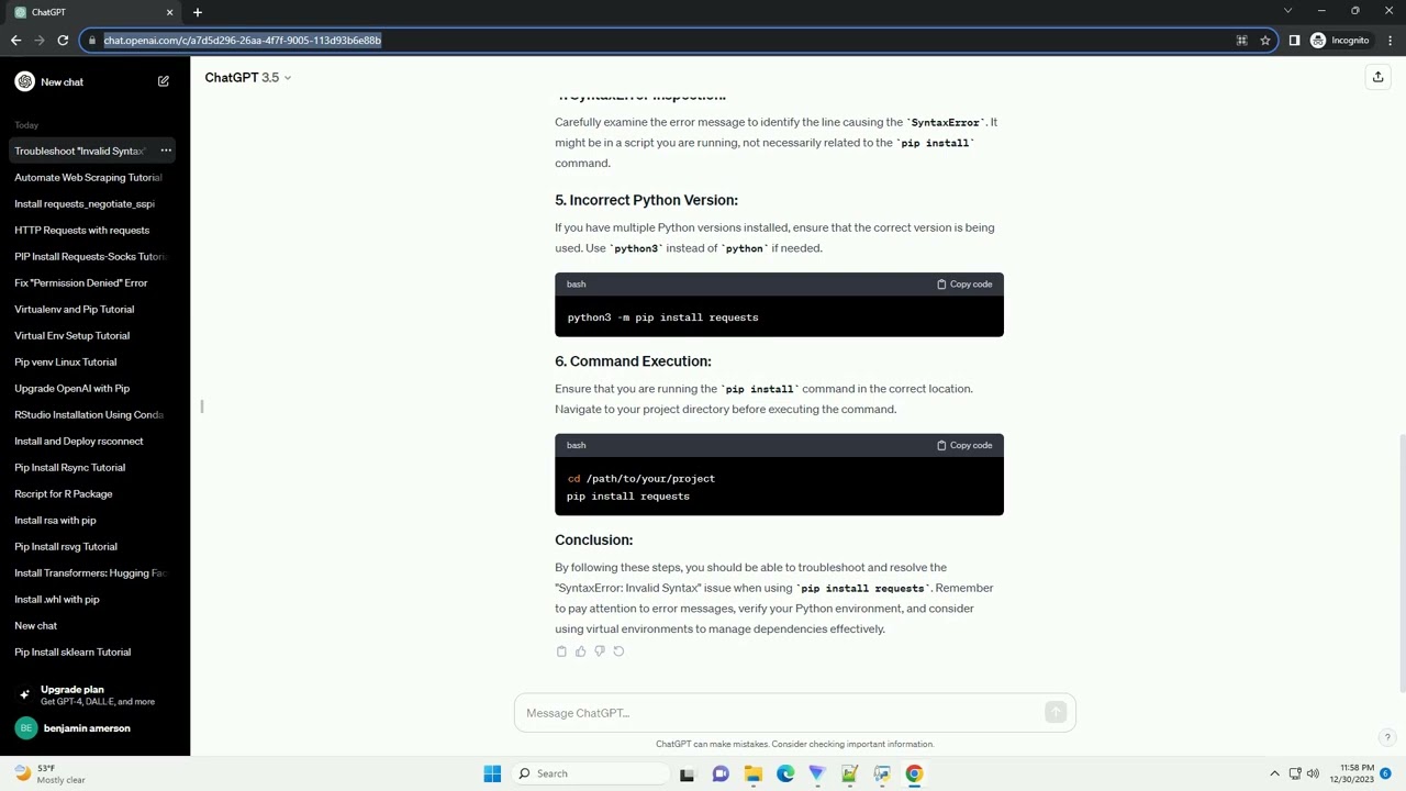 pip install requests syntaxerror invalid syntax