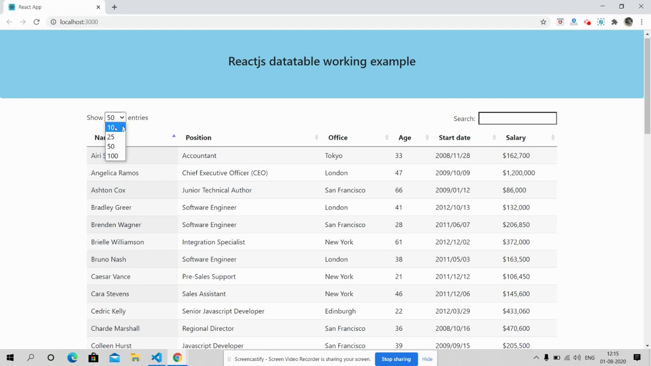 Reactjs Datatable Working Example