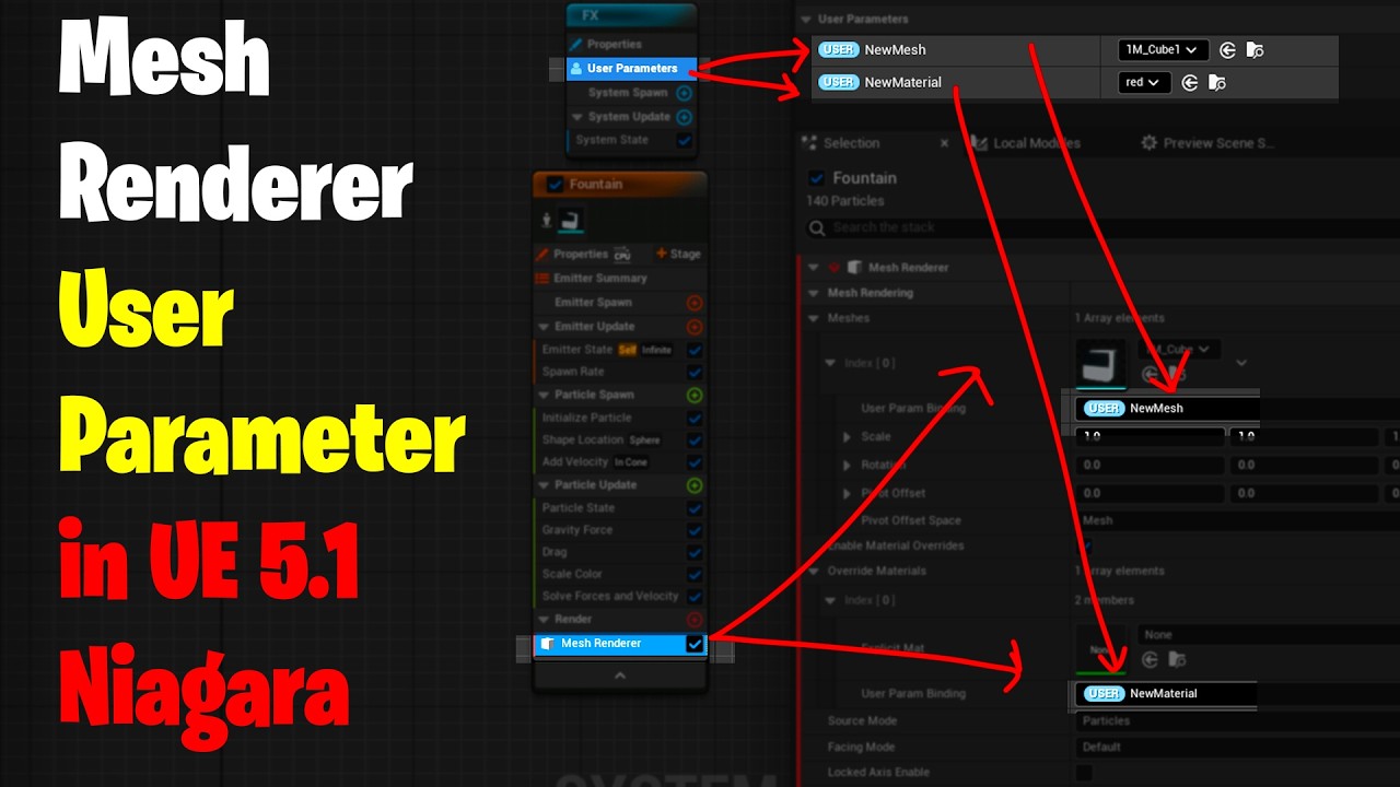 Mesh Renderer User Parameter in Unreal Engine 5.1 Niagara | Preview of the Process