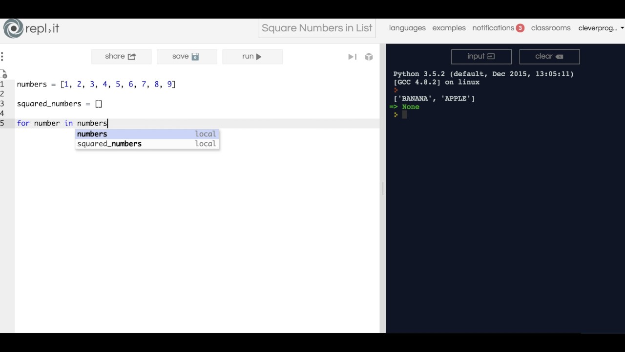Learn Python Programming - 33 - List pattern square all list numbers (exercise)