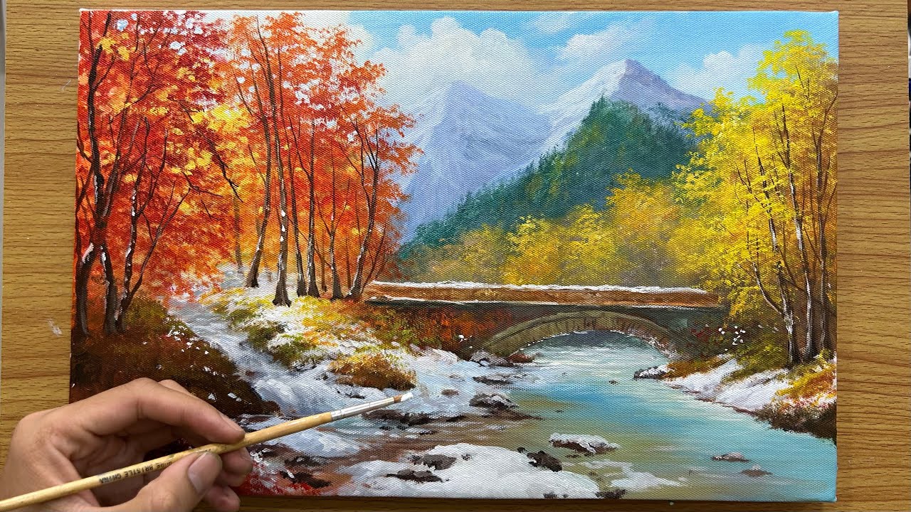 How to Paint a Peaceful Autumn Bridge with Snow | Relaxing Acrylic Landscape Tutorial