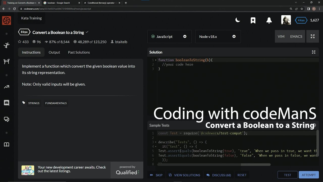 Codewars 8 kyu Convert a Boolean to a String Javascript
