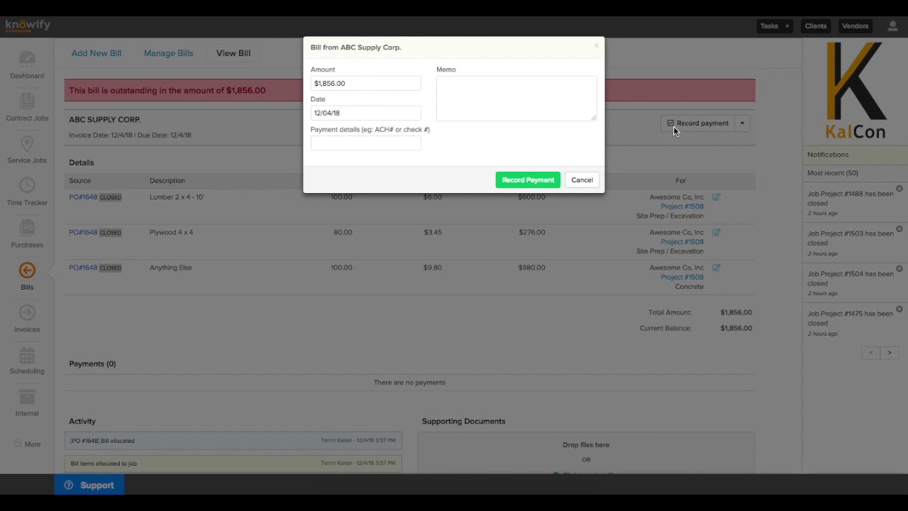 Managing bills | Knowify