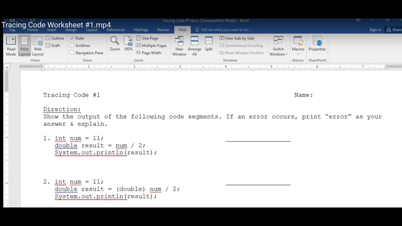 Java - Lesson #22 - Tracing Code Worksheet #1