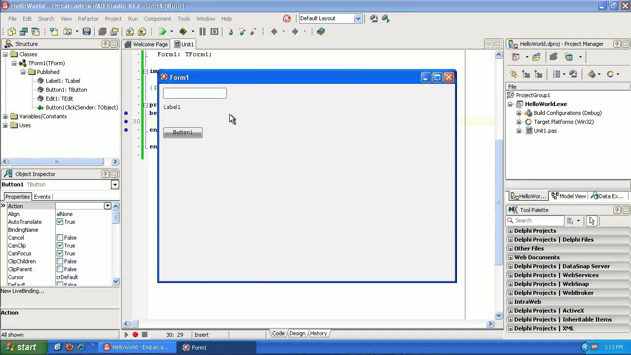 Learning to program Delphi tutorial 1 -  Hello World - Pascal - Rad Studio XE2