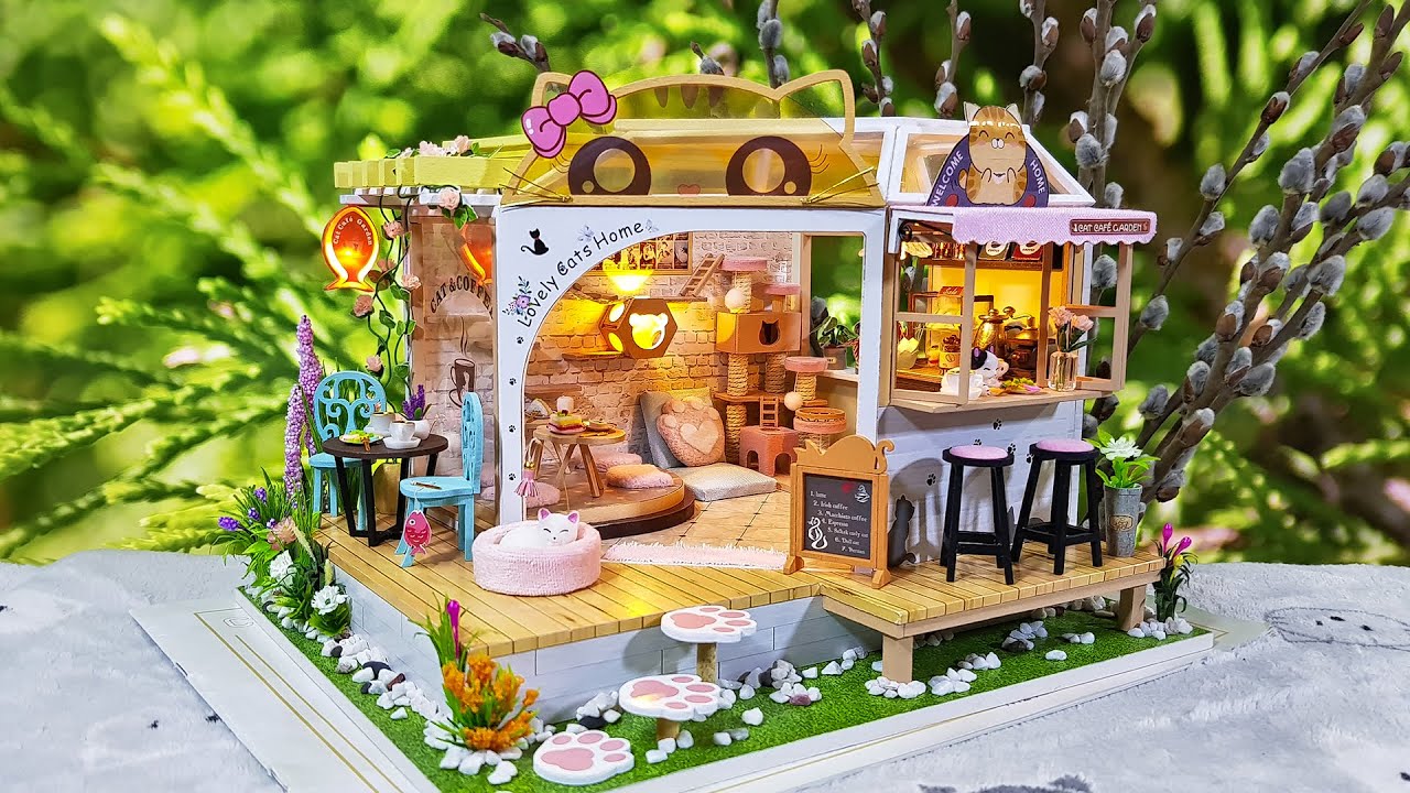 DIY miniature dollhouse kit Cat cafe garden
