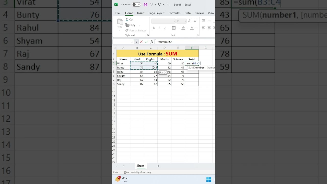 Excel : Sum formula