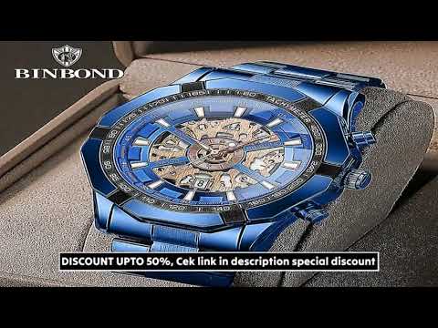BINBOND Mens Quartz Watches Top Brand Luxury Stainless Steel Waterproof Hollow Out Blue Bi