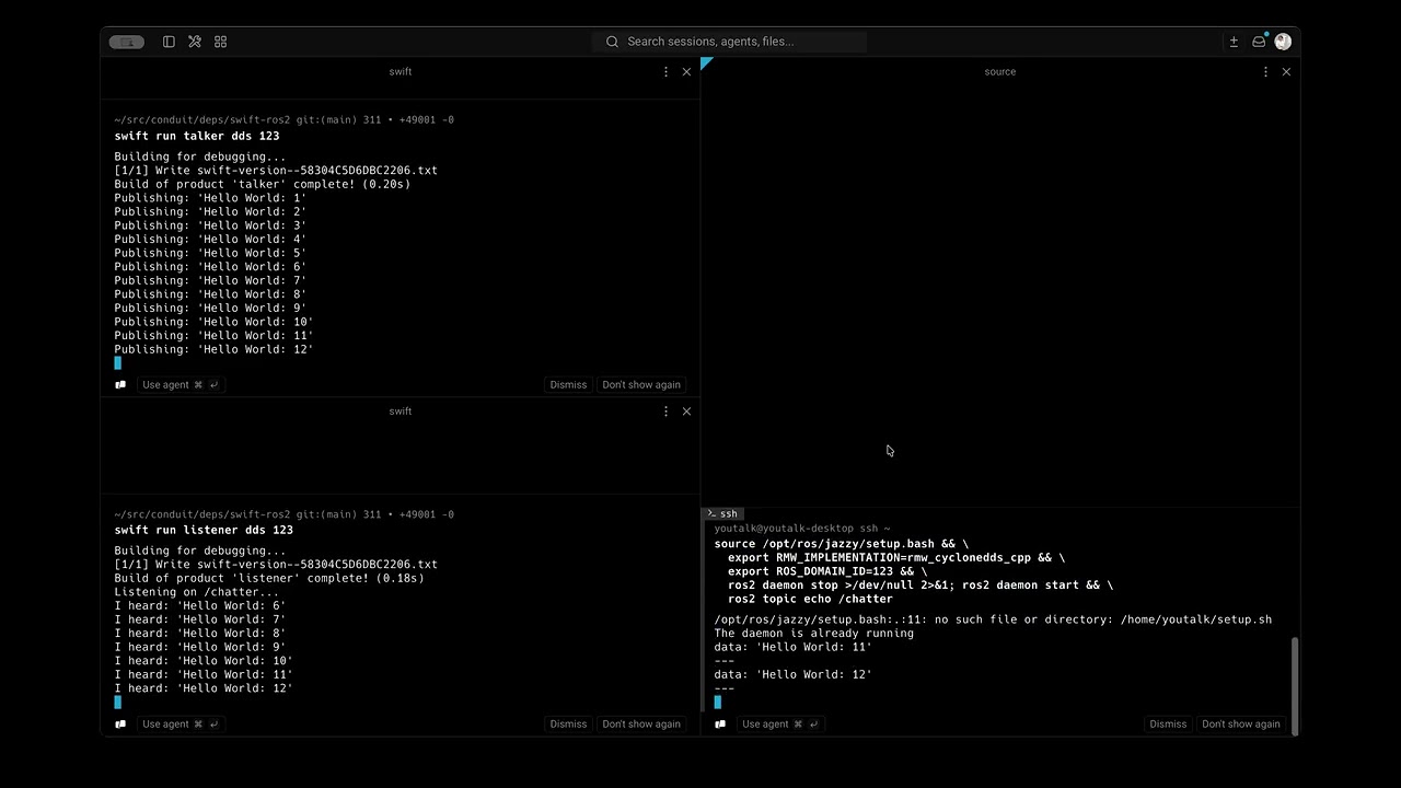 DDS Pub/Sub between Mac and Ubuntu using swift-ros2, a native Swift ROS 2 client library