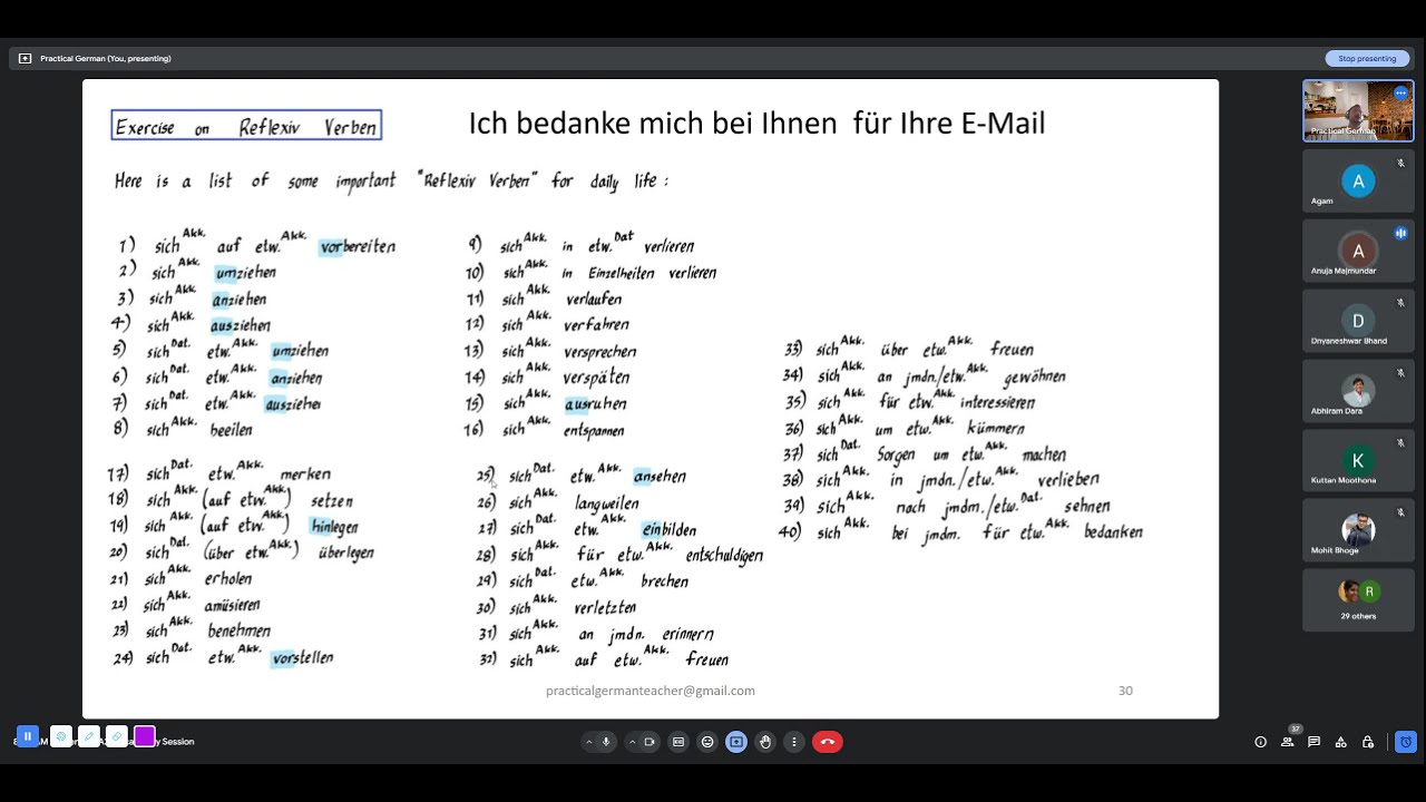 German A2 Session 2: Sentence Formation Exercises with 40 Reflexive Verben in German Language.