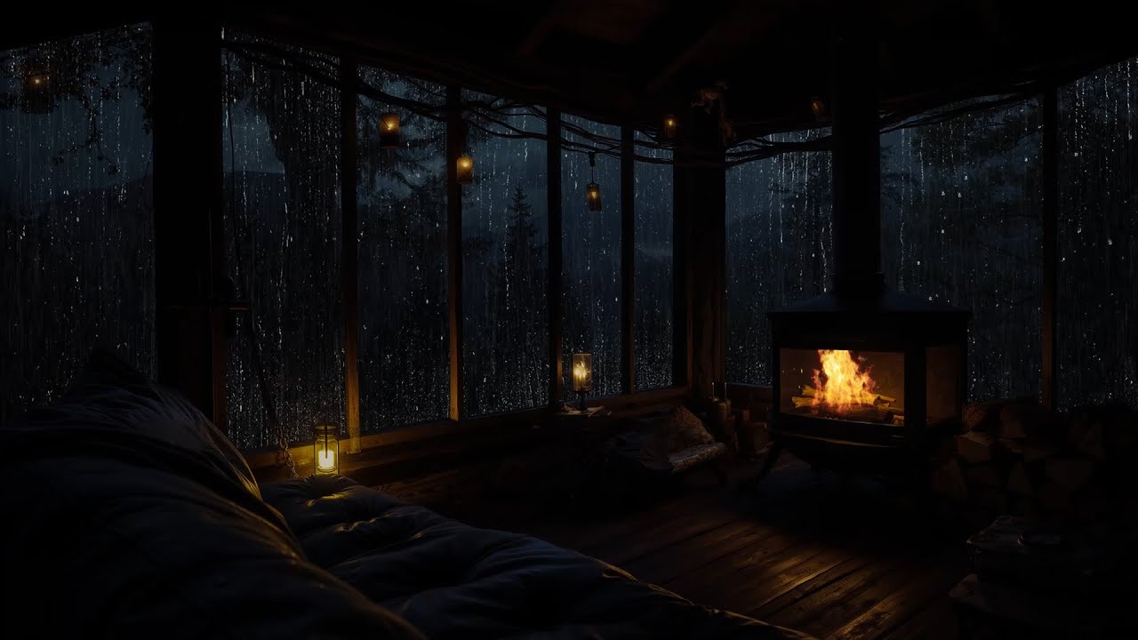 Rain in Wooden Cabin with Fireplace | Deep Sleep Background Sounds with Rain on window