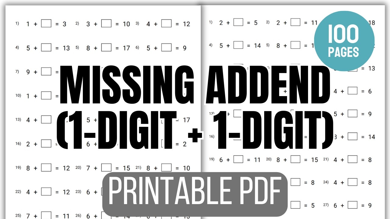 Missing Addend (1-Digit + 1-Digit) Printable PDF