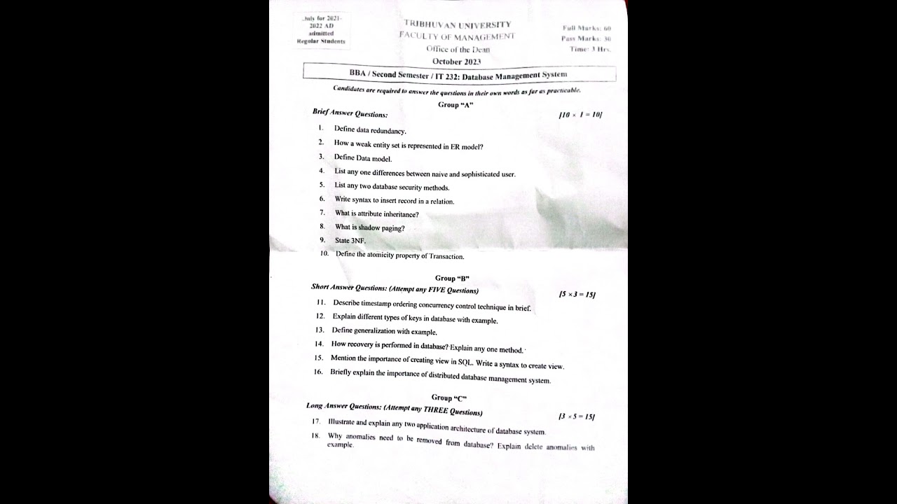 BBA 2nd Sem TU Board DBMS Question - October 2023 #fyp