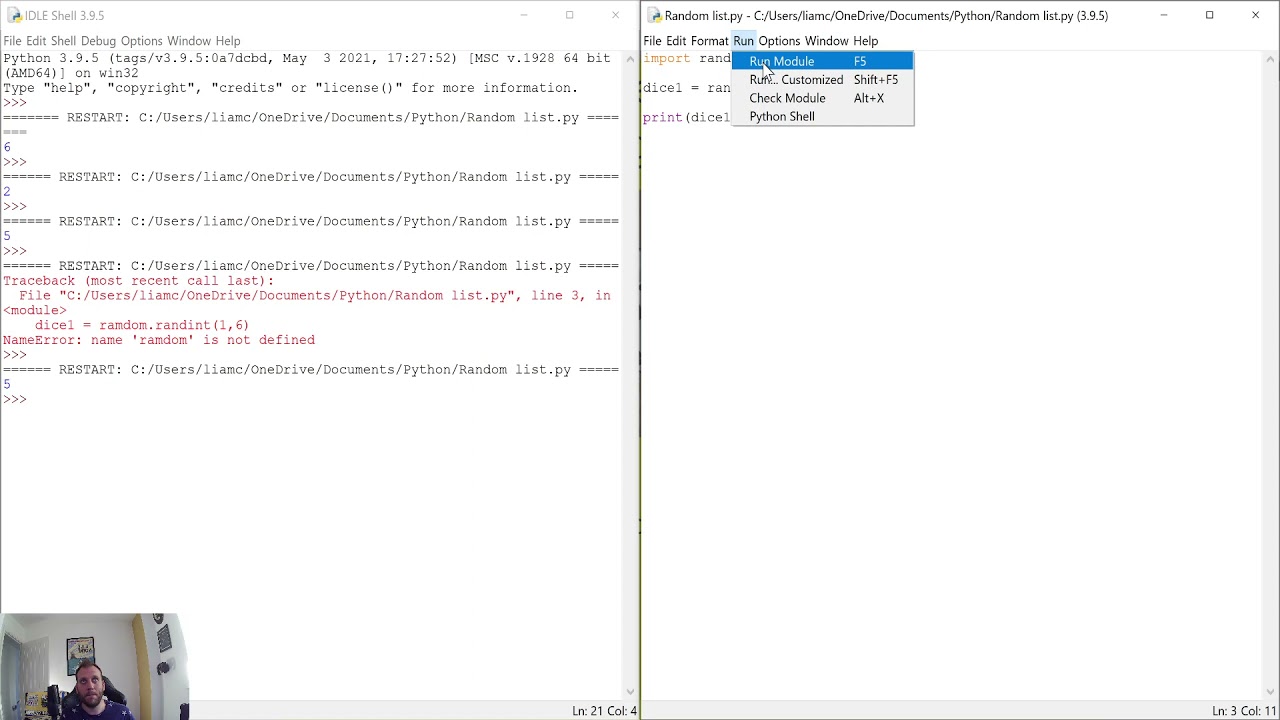 Random numbers in Python -Dice