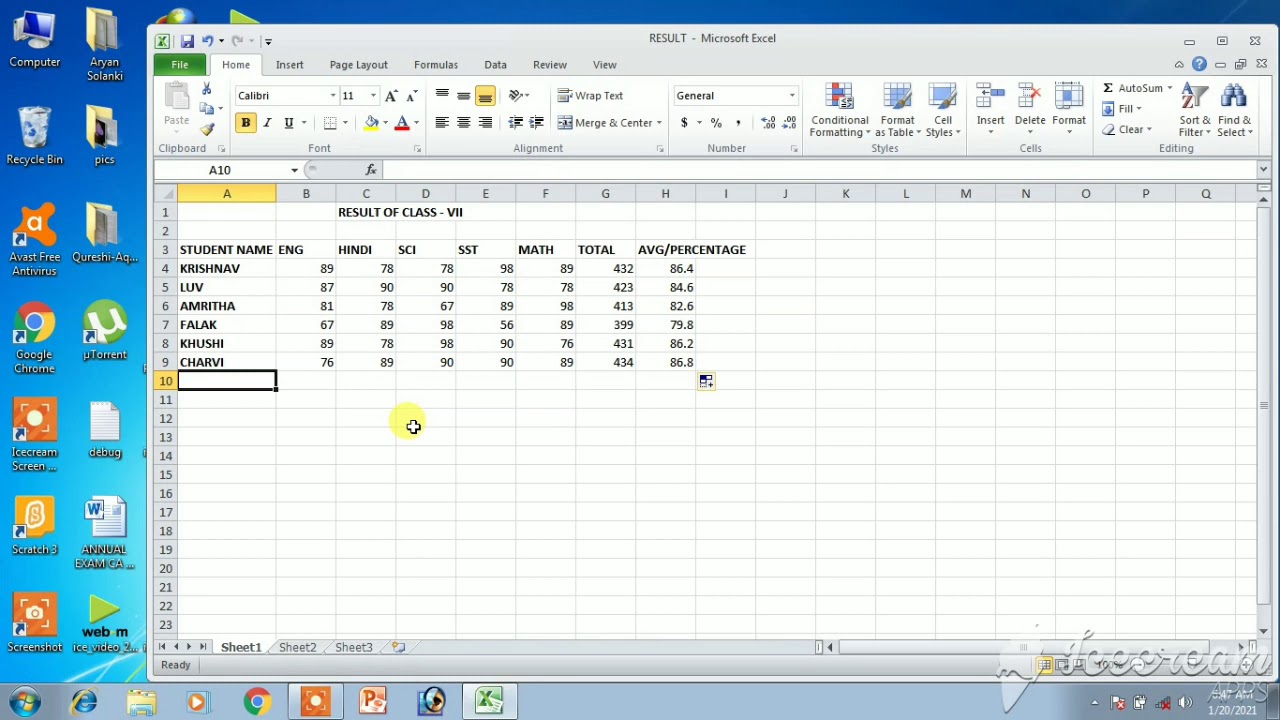 CBSE CA Computer Application Class-7 Ch-6 Practical-8 Excel Practical to prepare result