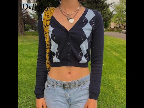 Darlingaga Fashion V Neck Argyle Plaid Autumn Knitted Sweater Women Cardigan Skinny Vintage Preppy