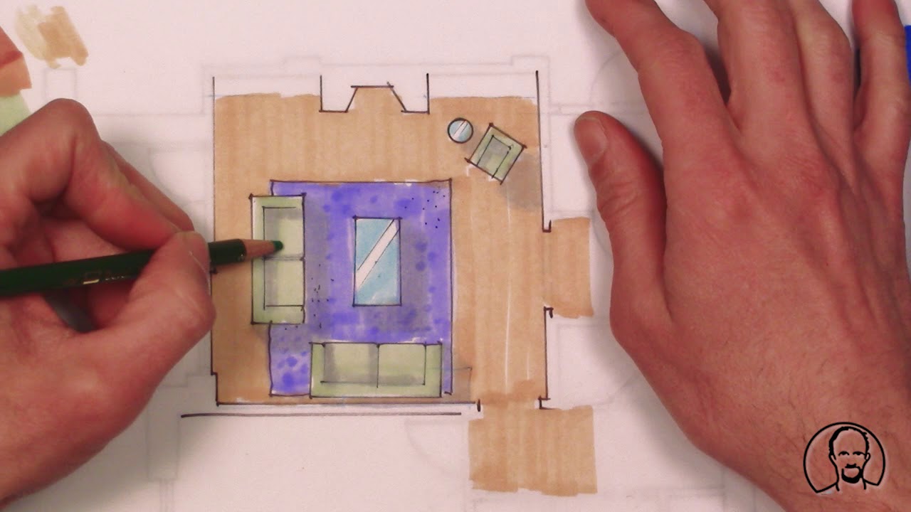 Rendering  floor plan with color markers and pencils