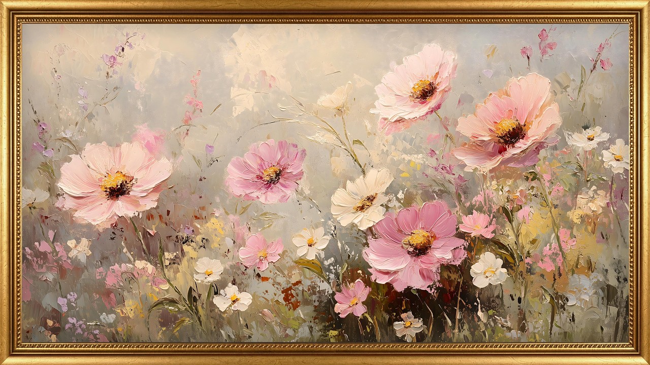 Vintage Spring Frame TV Art 🌸 Pink Wildflower Meadow Painting | Floral Screensaver 4K