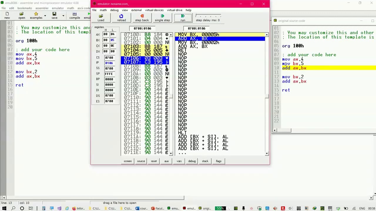 using emu8086 code windows - single step execution of an assembly language program