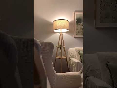 OUTON Wood Tripod Floor Lamp with Shelves for Living Room, Bedroom, Office